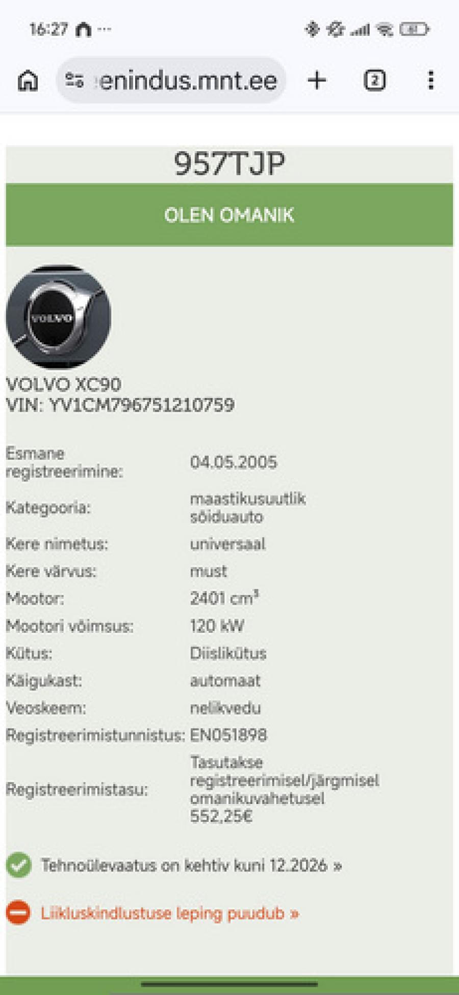 Black Volvo XC90 2005 in Rakvere, with an engine capacity of 0.00 L and mileage of 379 thousand km for 3500 €, photo 6 on AUTOMOTO.COM.LV
