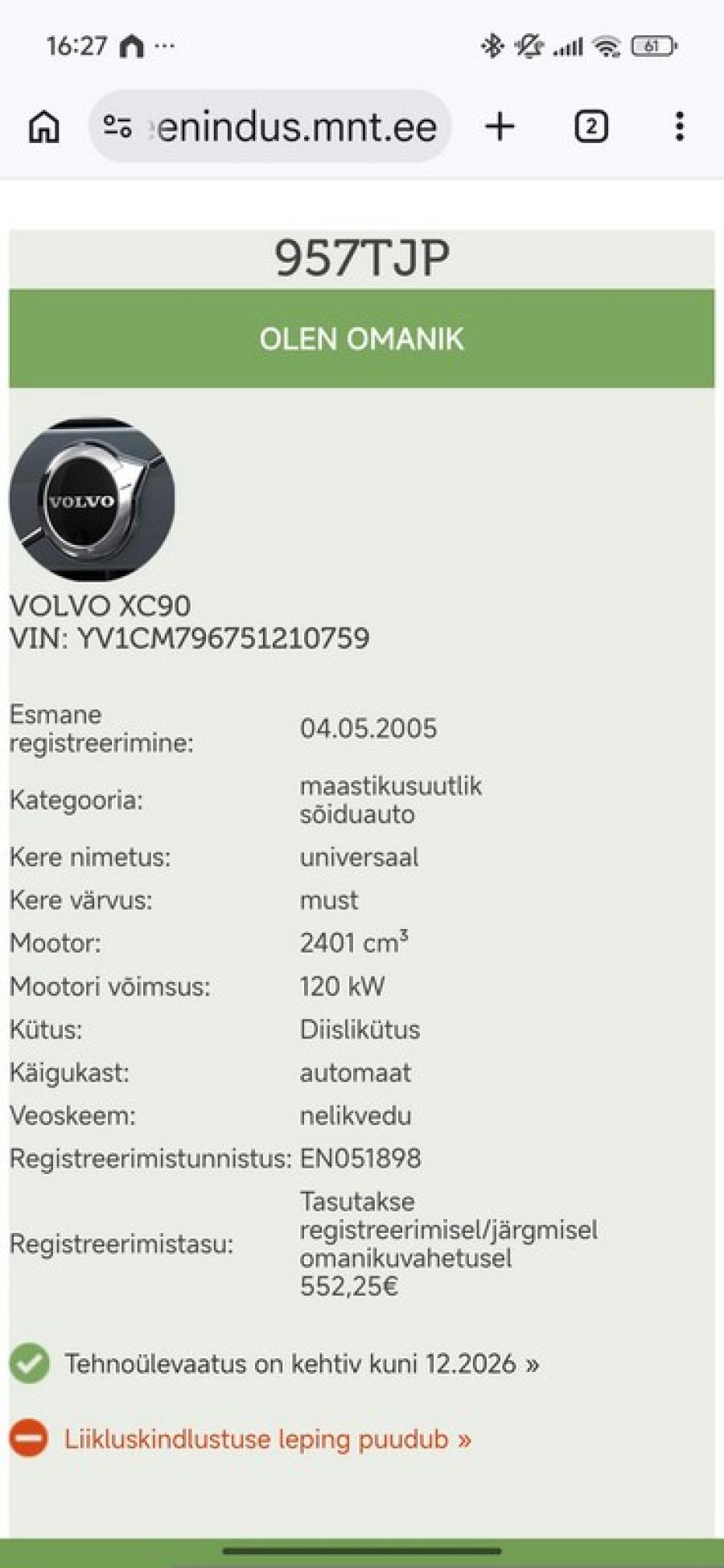 Black Volvo XC90 2005 in Rakvere, with an engine capacity of 0.00 L and mileage of 379 thousand km for 3500 €, photo 11 on AUTOMOTO.COM.LV