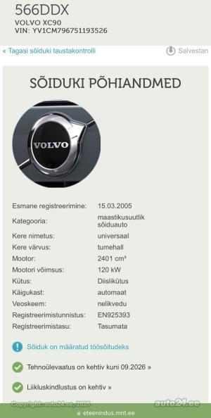 Grey Volvo XC90 2005 in Tartu, with an engine capacity of 2.40 L and mileage of 0 thousand km for 4399 €, photo 20 on AUTOMOTO.COM.LV