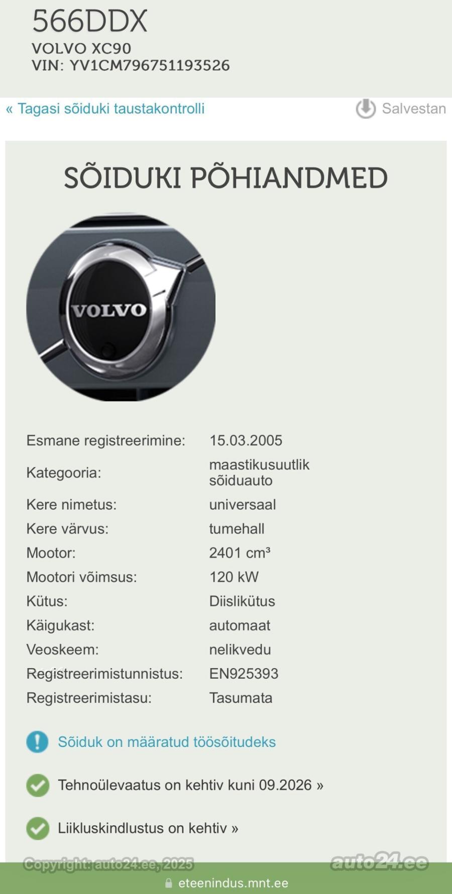Grey Volvo XC90 2005 in Tartu, with an engine capacity of 2.40 L and mileage of 0 thousand km for 4399 €, photo 20 on AUTOMOTO.COM.LV