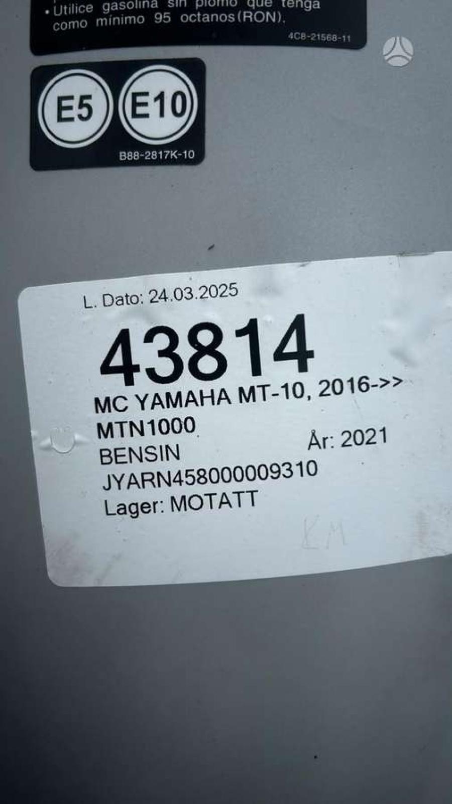 Grey Yamaha MT 10 2021 in Marijampole, with an engine capacity of 1.00 L and mileage of 13 thousand km for 3500 €, photo 12 on AUTOMOTO.COM.LV