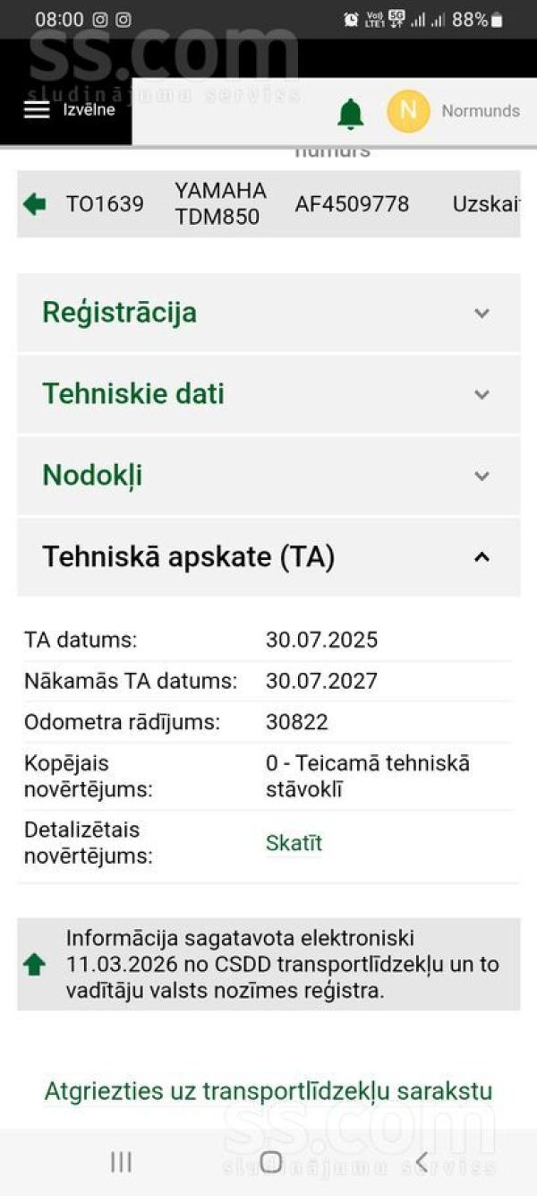 Yamaha TDM 850 1992 Rīga, ar dzinēja tilpumu 0.85 L un nobraukumu 0 tūkst. km par 1050 €, foto 4 vietnē AUTOMOTO.COM.LV