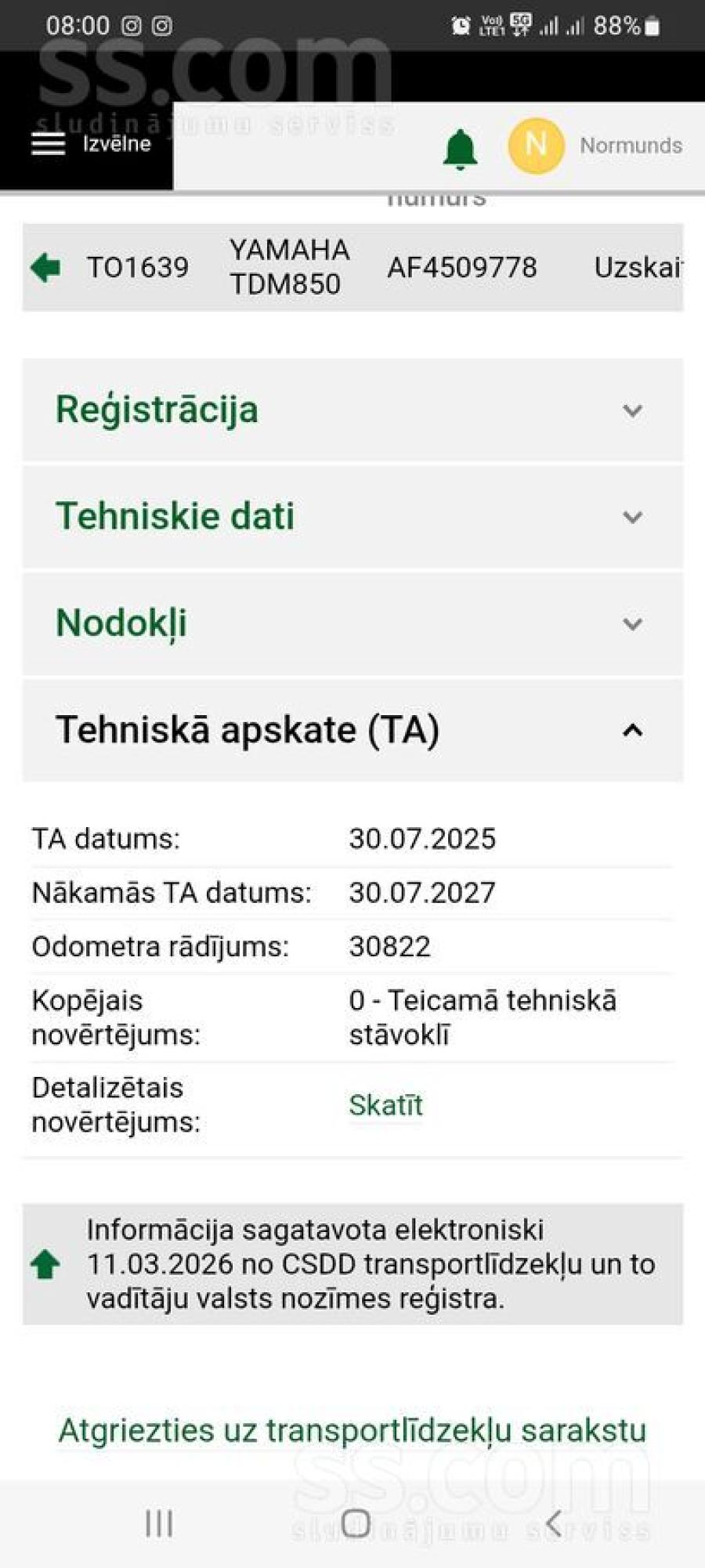 Yamaha TDM 850 1992 in Riga, with an engine capacity of 0.85 L and mileage of 0 thousand km for 1050 €, photo 4 on AUTOMOTO.COM.LV
